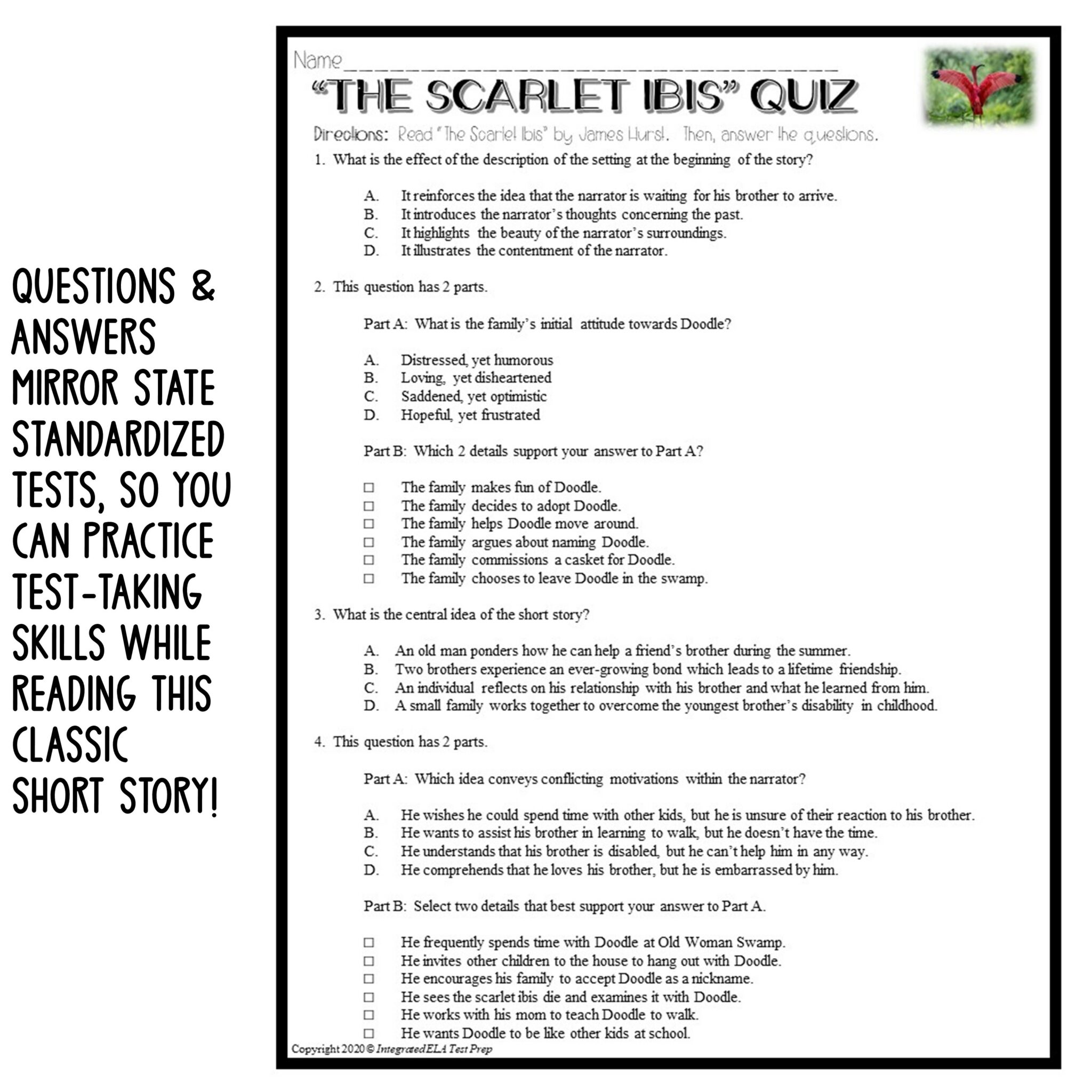 Short Story with Comprehension Questions The Scarlet Ibis Quiz James ...