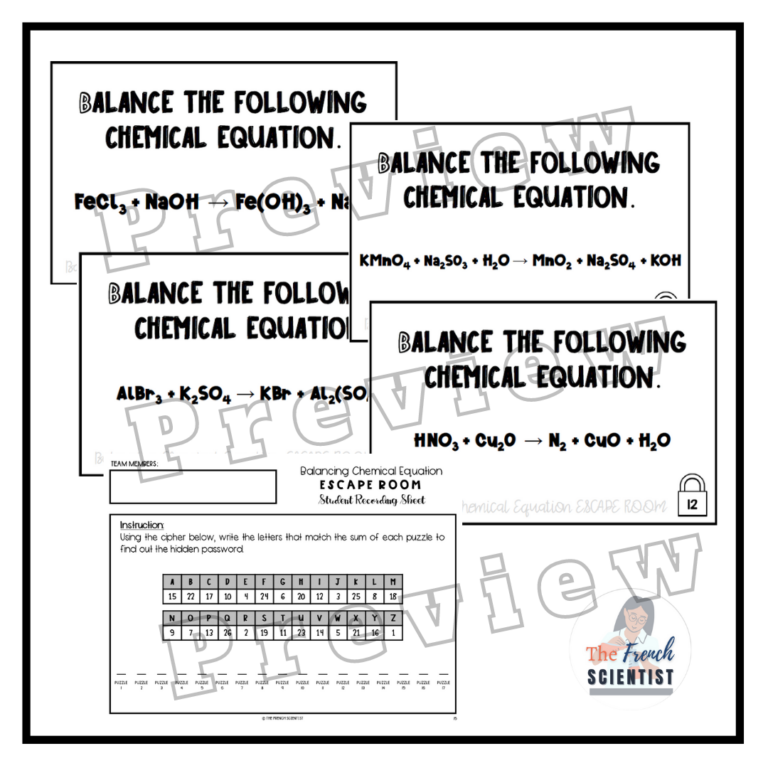 CHEMISTRY Balancing Chemical Equation Escape Room Activity #2 ...