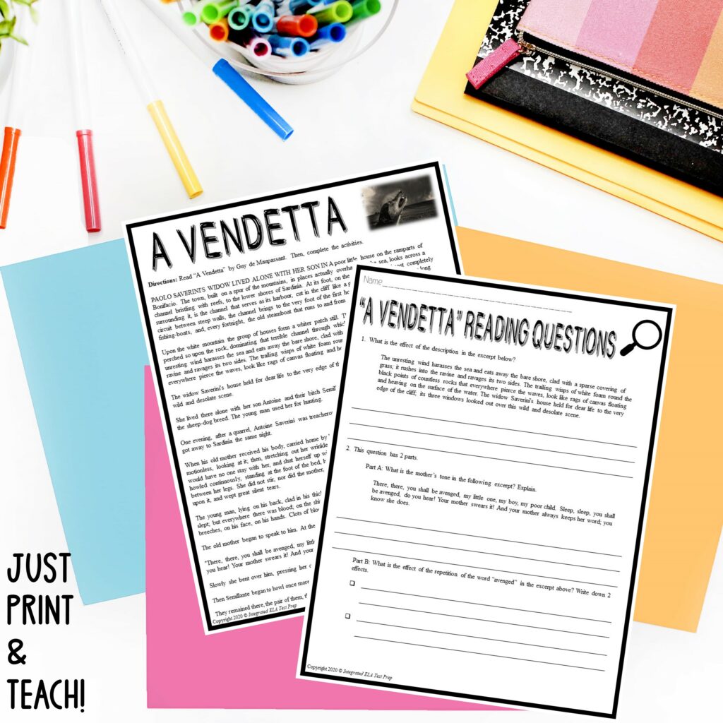 Short Story with Comprehension Questions A Vendetta Quiz Guy de ...