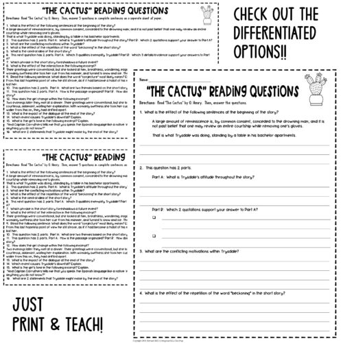 The Cactus Quiz O. Henry Short Story with Comprehension Questions ...