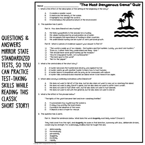 The Most Dangerous Game Quiz Reading Comprehension Questions Short ...