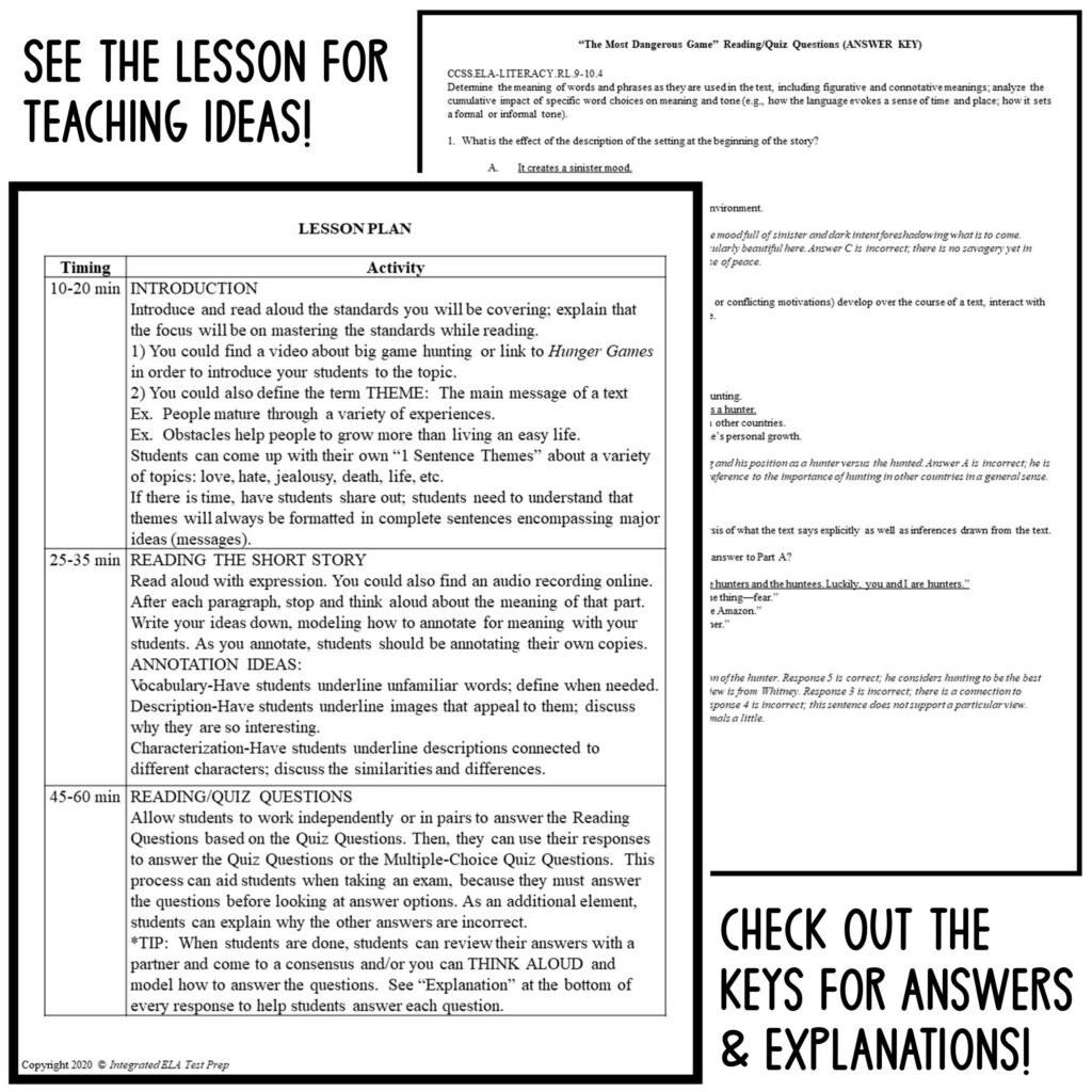 The Most Dangerous Game Quiz Reading Comprehension Questions Short ...
