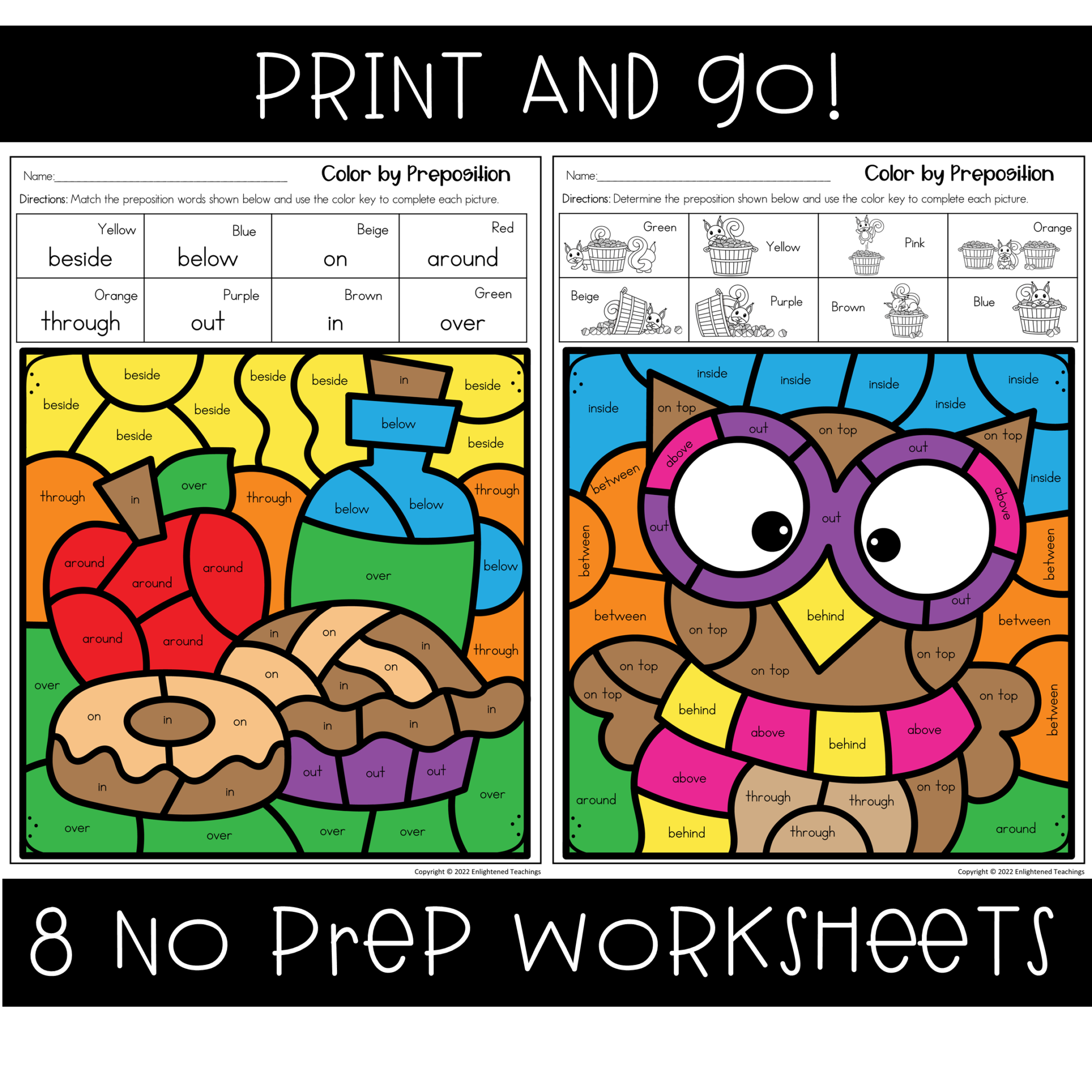 Preposition Color by Code NO PREP Preposition Coloring Worksheets ...