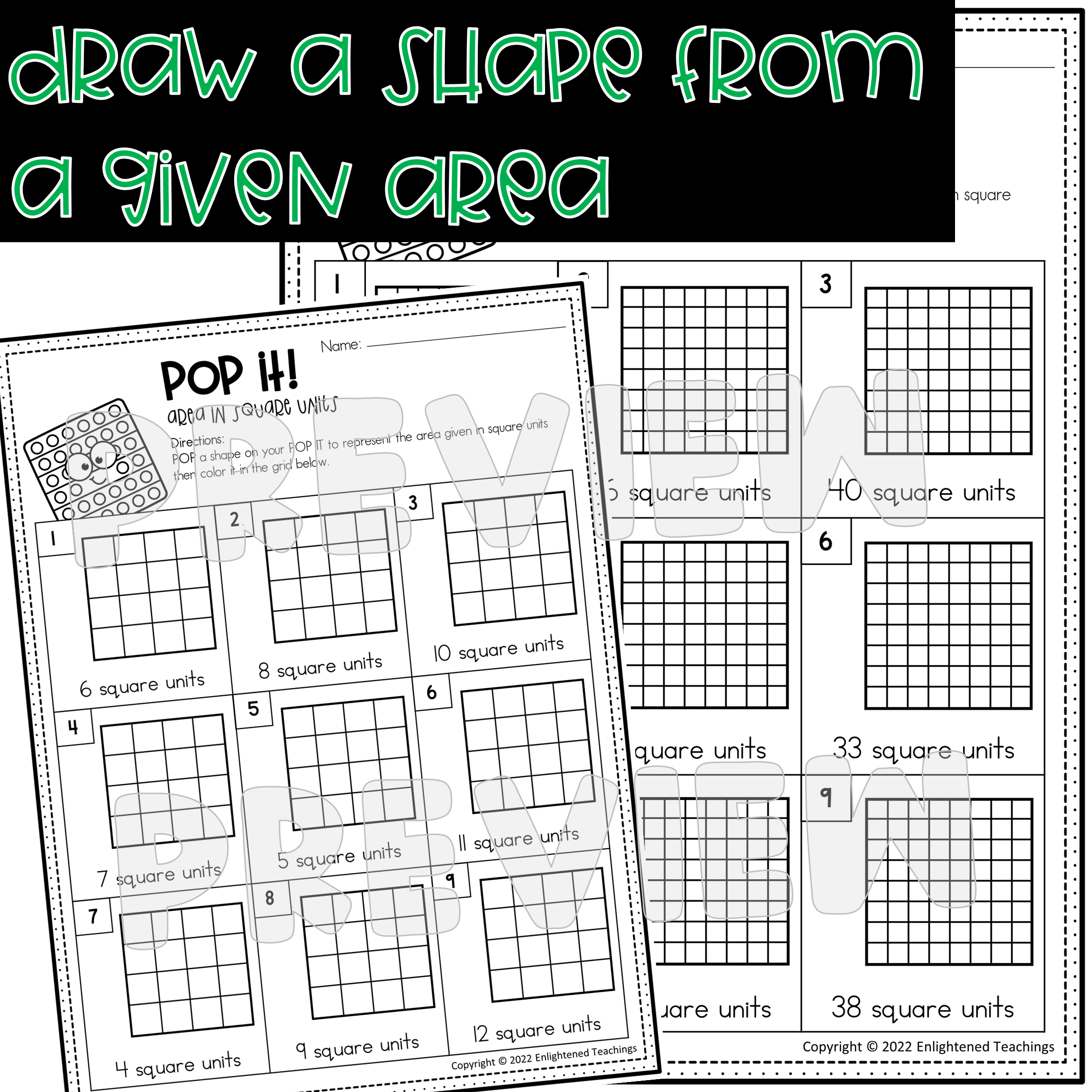 POP IT Bubble POP Area in Square Units Task Cards and Worksheets | Made ...