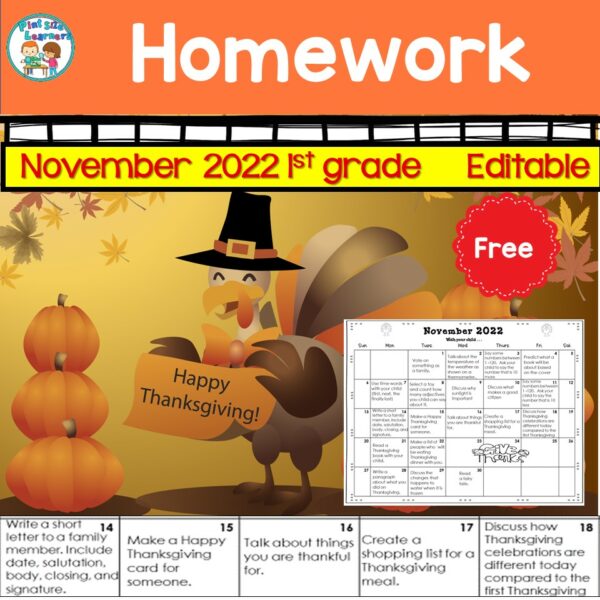 Homework Calendar Editable 1st Grade November 2022 Free | Made By Teachers