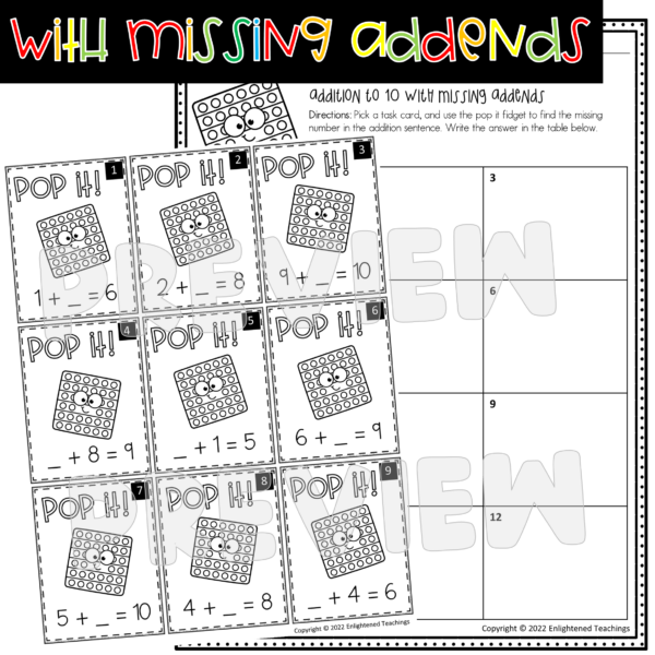 POP IT | Bubble POP Addition to 10 Task Cards & Worksheets | Math ...