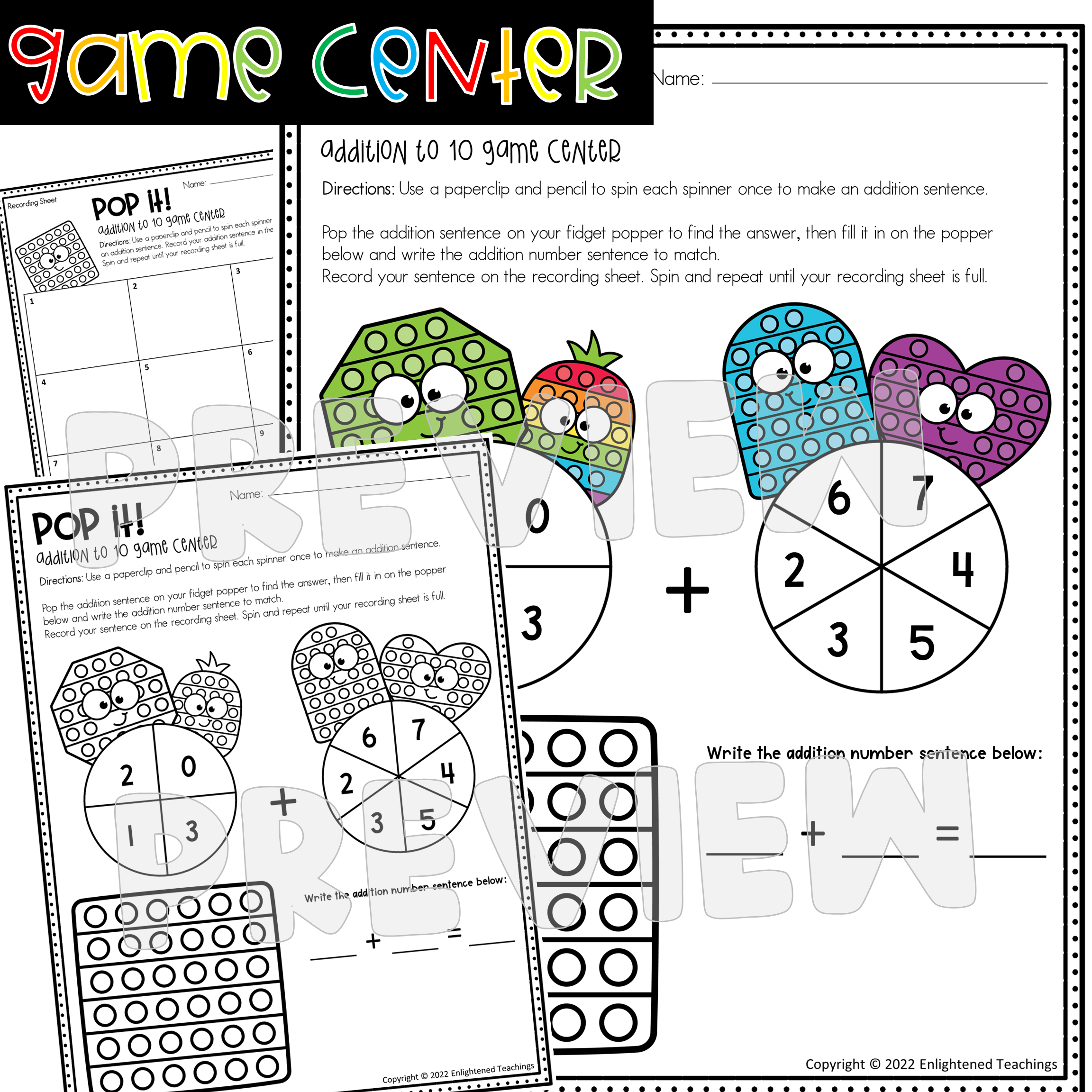 POP IT | Bubble POP Addition to 10 Task Cards & Worksheets | Math ...