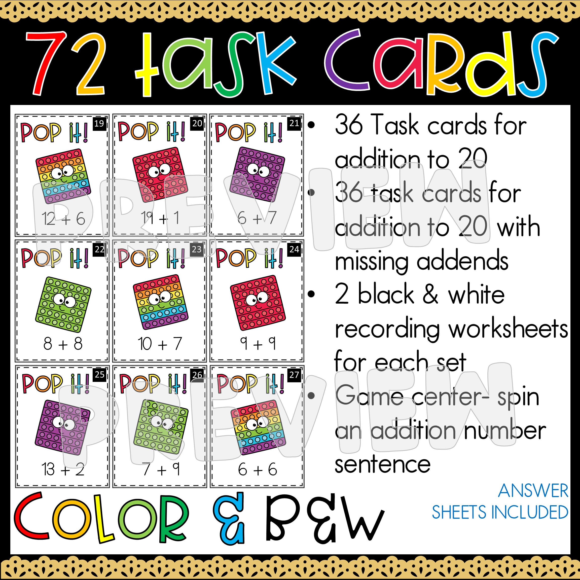 POP IT | Bubble POP Addition to 20 Task Cards & Worksheets | Math ...