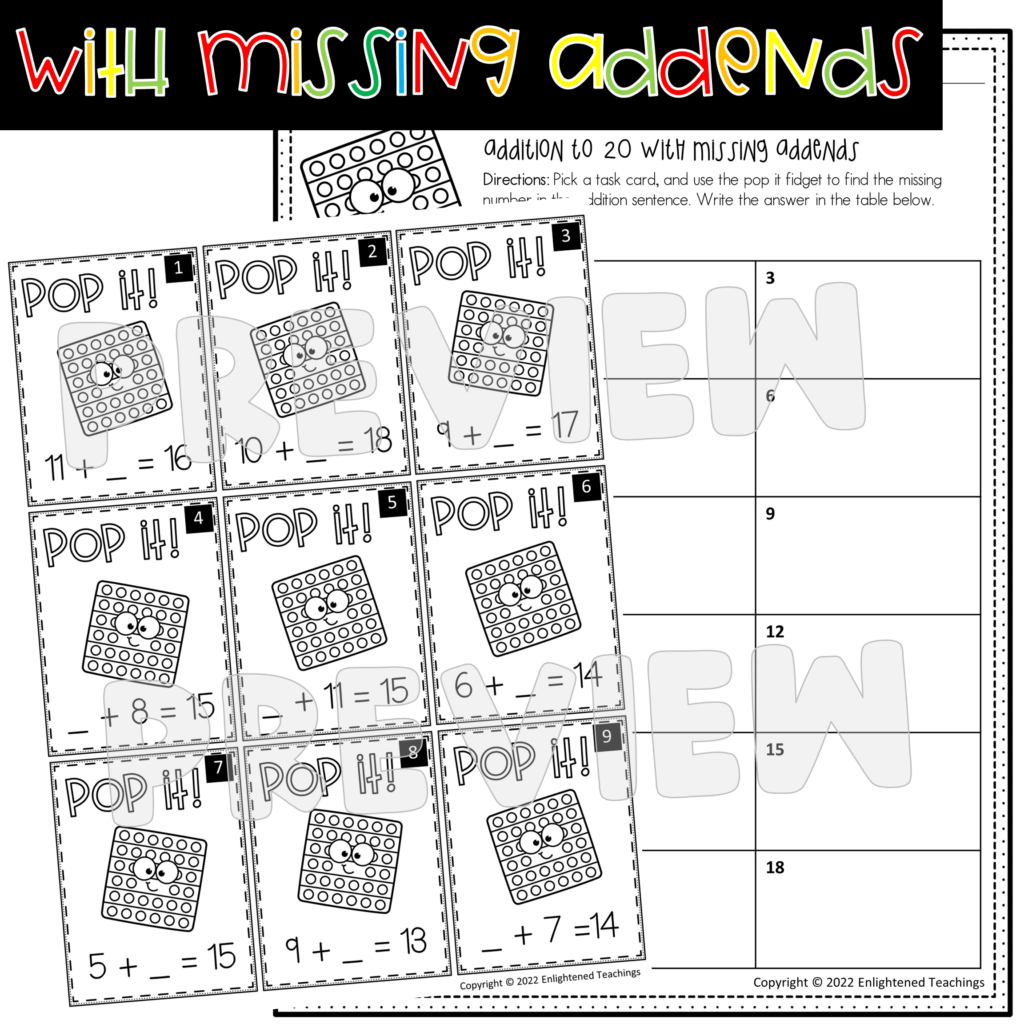 POP IT | Bubble POP Addition to 20 Task Cards & Worksheets | Math ...