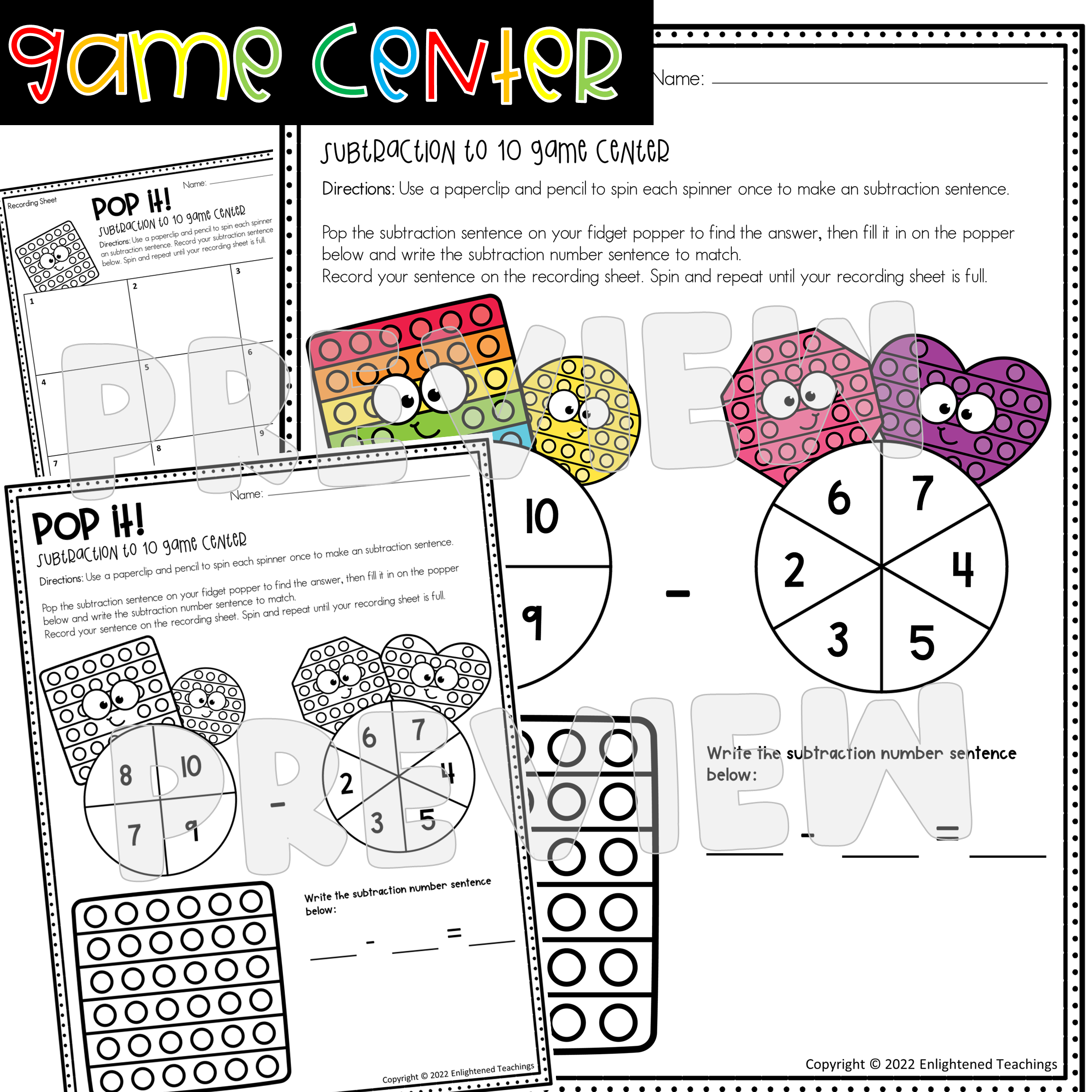 POP IT | Bubble POP Subtraction to 10 Task Cards & Worksheets | Math ...
