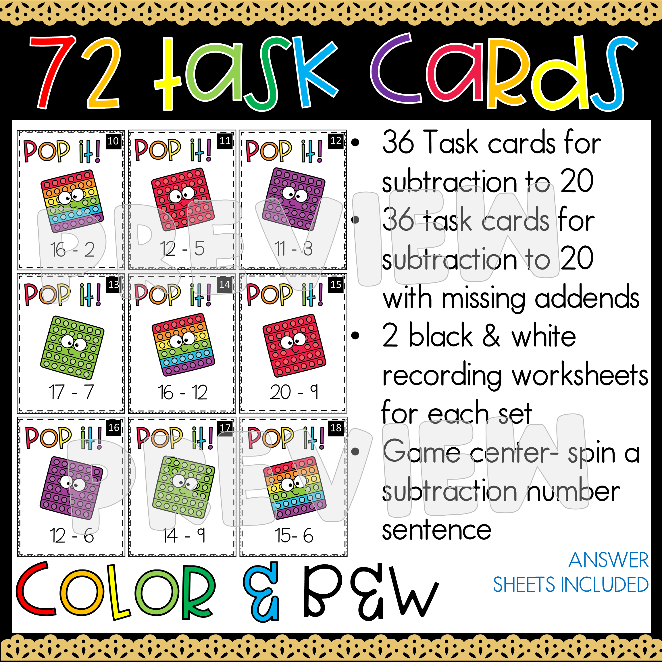 POP IT | Bubble POP Subtraction to 20 Task Cards & Worksheets | Math ...