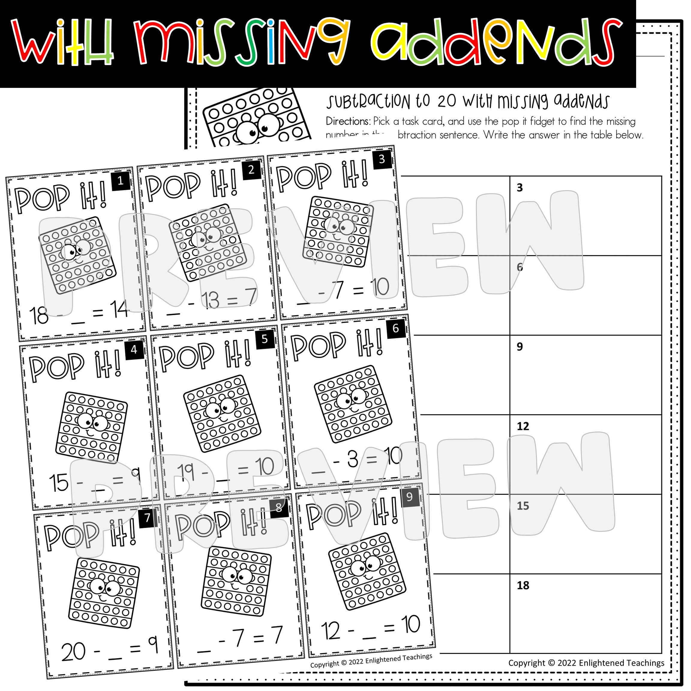 POP IT | Bubble POP Subtraction to 20 Task Cards & Worksheets | Math ...