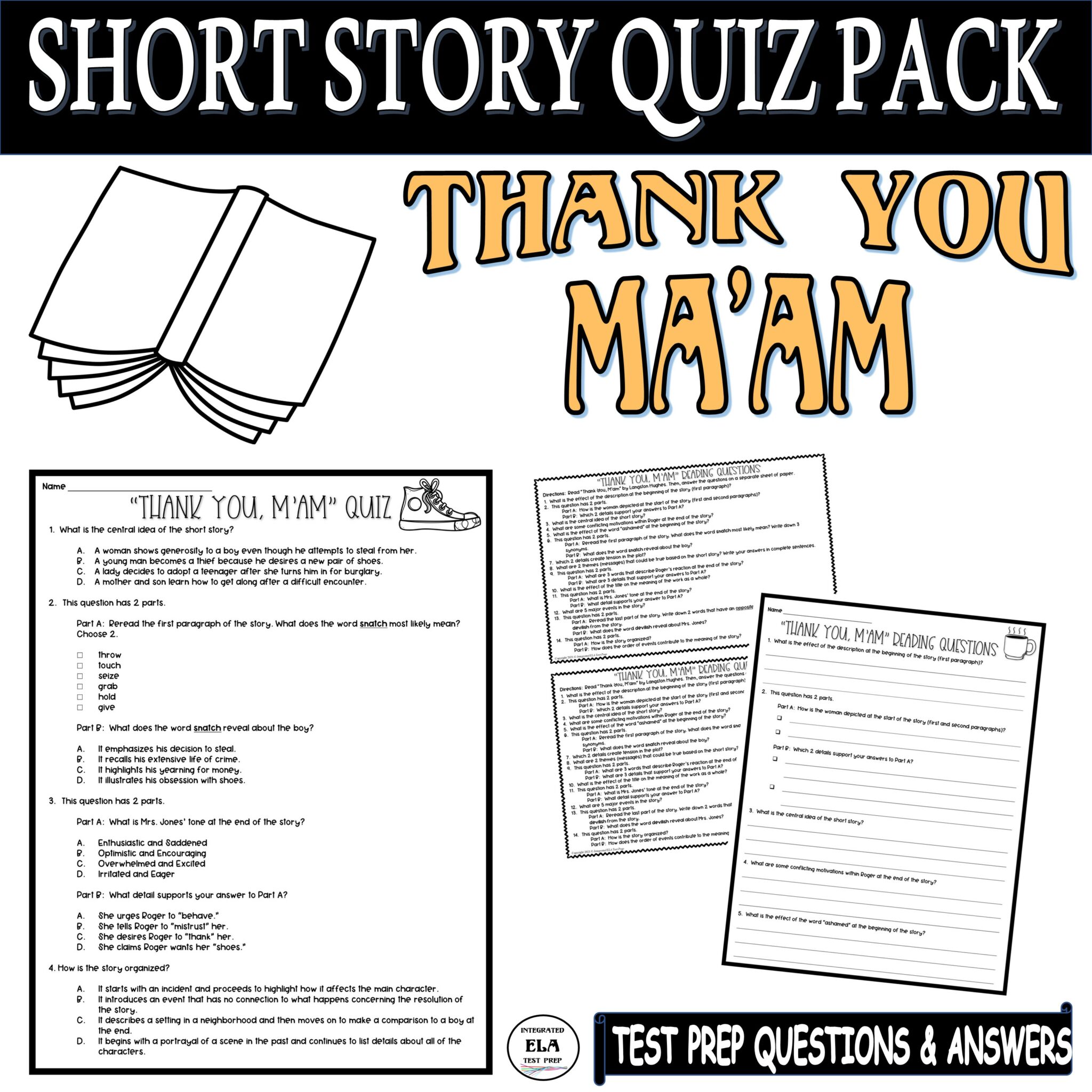 Thank You Ma'am Quiz Langston Hughes Short Stories Reading ...