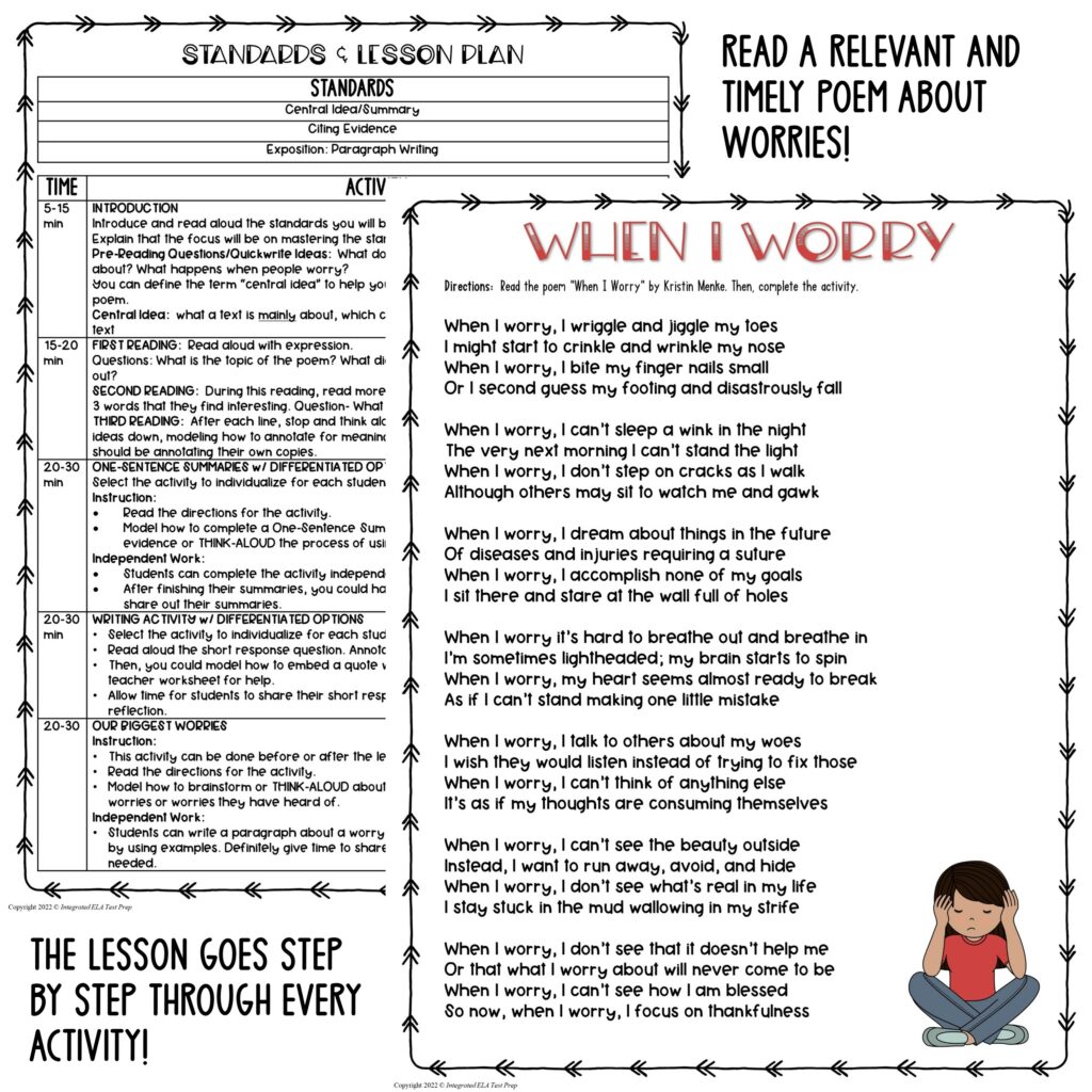 Analyzing Poems Worksheet Pack Poetry about Worries One Sentence ...