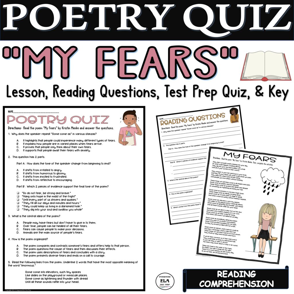 Kid Poetry Activities Worksheets Middle School Poem about Fears Quiz ...