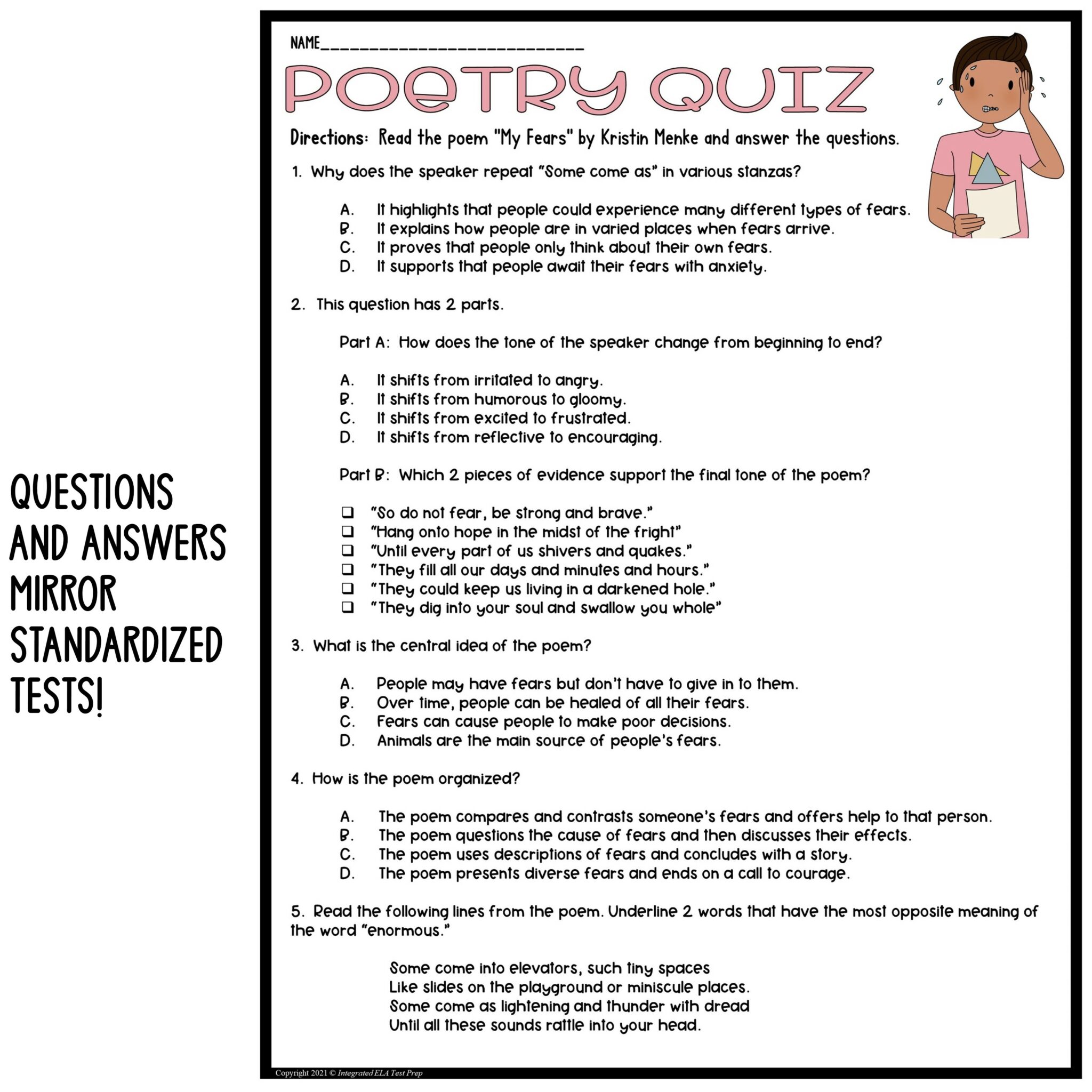 Kid Poetry Activities Worksheets Middle School Poem about Fears Quiz ...