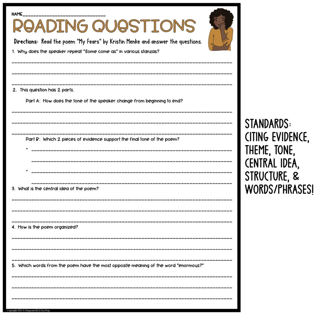 Kid Poetry Activities Worksheets Middle School Poem about Fears Quiz ...