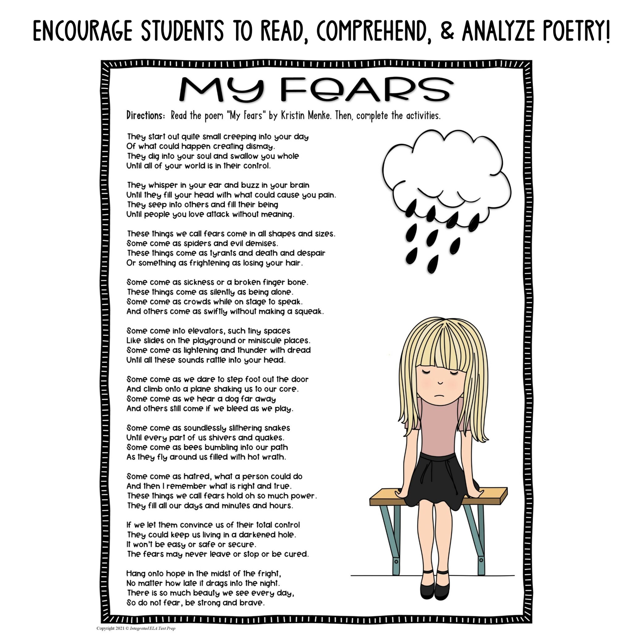 Kid Poetry Activities Worksheets Middle School Poem about Fears Quiz ...
