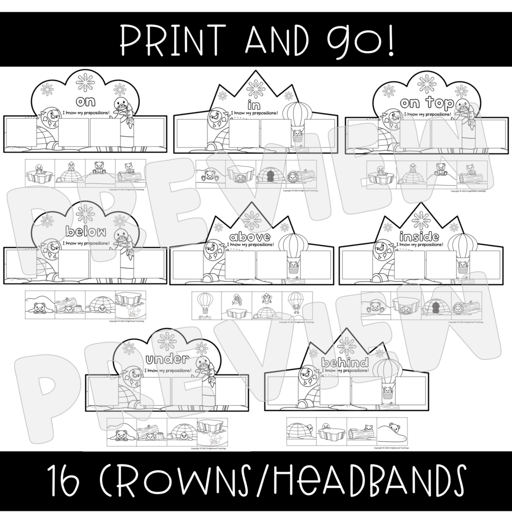 Winter Preposition Crowns Headbands Positional Word Hats | Made By Teachers