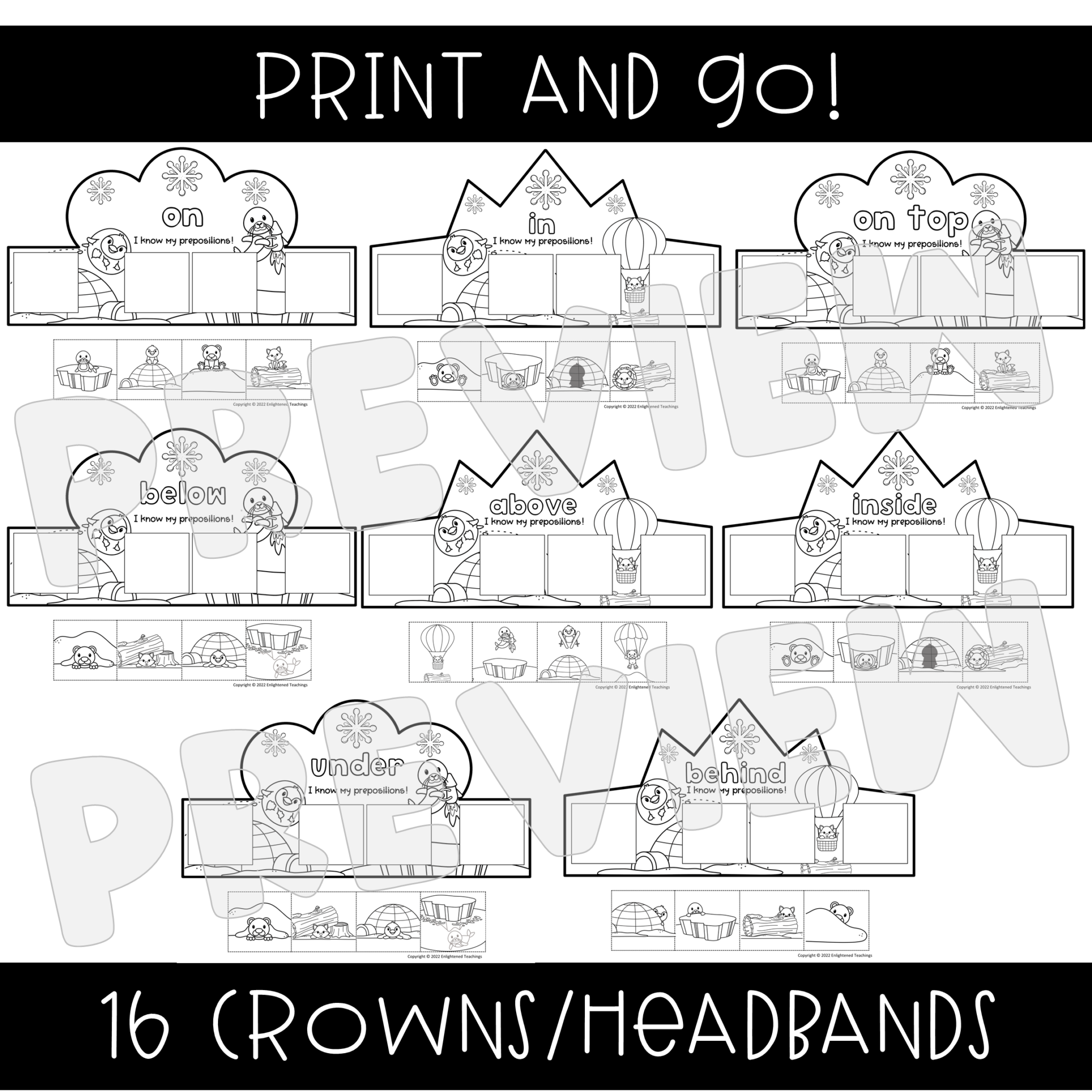 Winter Preposition Crowns Headbands Positional Word Hats - Made By Teachers