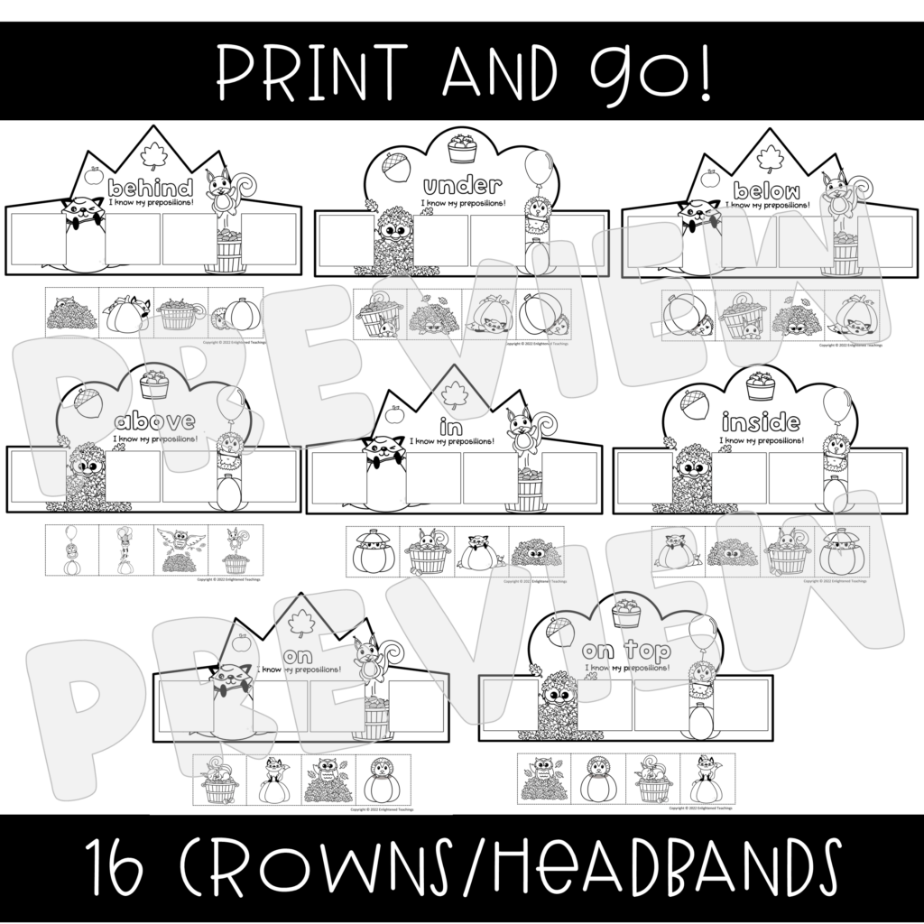 Fall Preposition Crowns Headbands - Fall Positional Word Hats | Made By ...