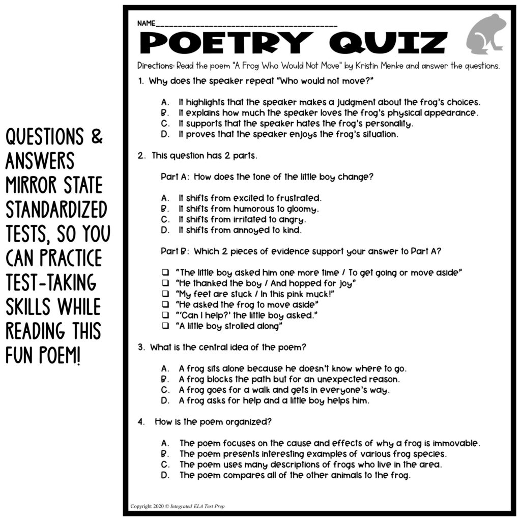 Poetry Comprehension Lesson Test Prep Activities Questions Worksheets ...