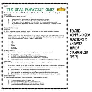 Fairy Tale Reading Passage with Questions The Princess and the Pea Quiz ...