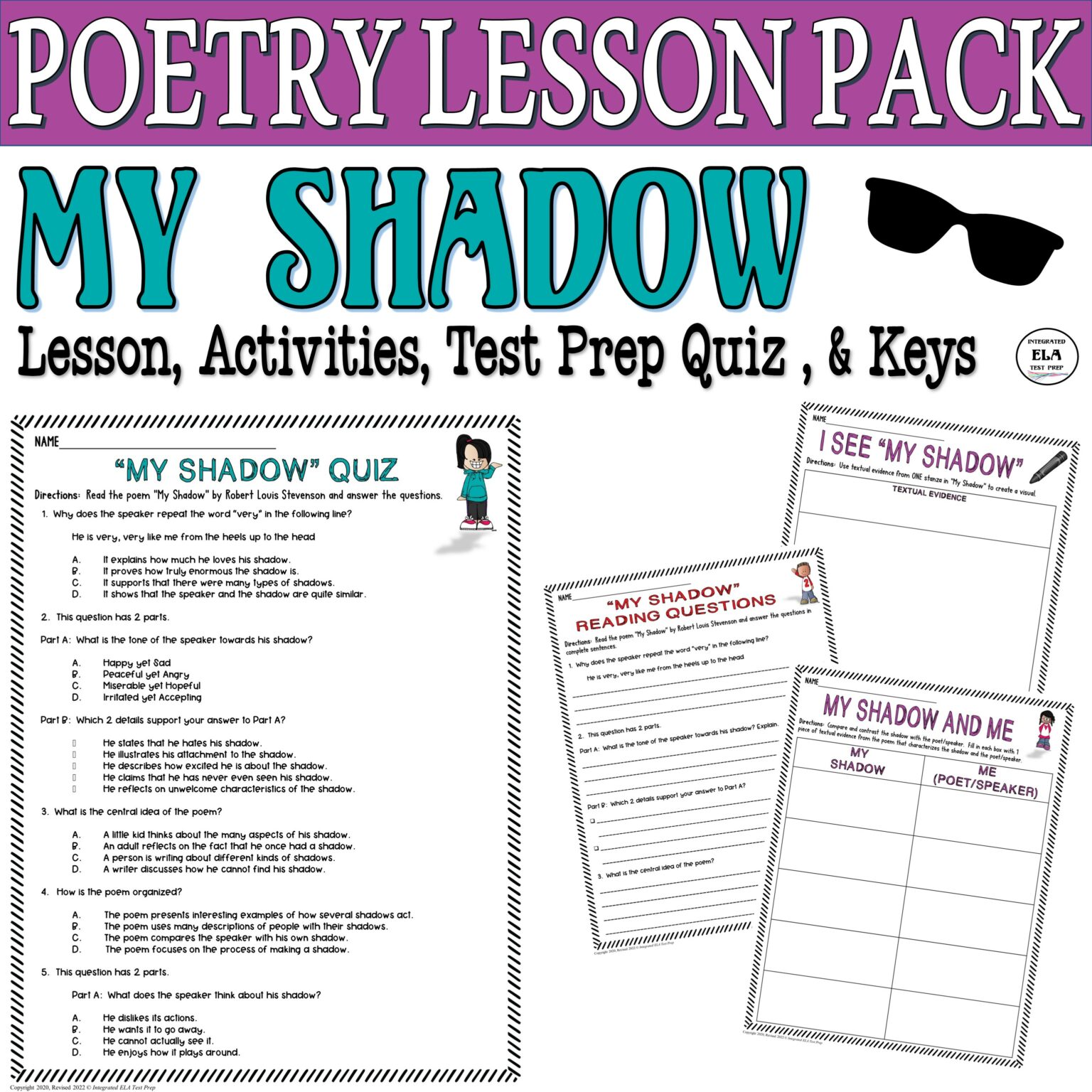 Poetry Activities Questions Worksheets My Shadow Stevenson 3rd 4th ...