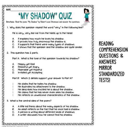 2nd 3rd 4th Grade Poetry Test Prep Reading Worksheets My Shadow Poem ...
