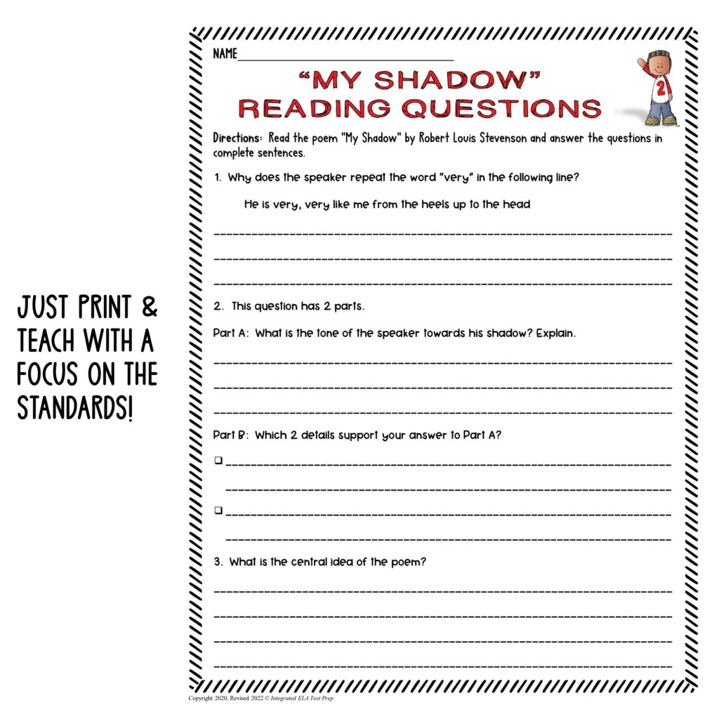 Poetry Activities Questions Worksheets My Shadow Stevenson 3rd 4th ...