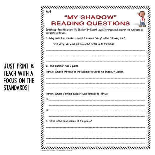 Poetry Activities Questions Worksheets My Shadow Stevenson 3rd 4th ...