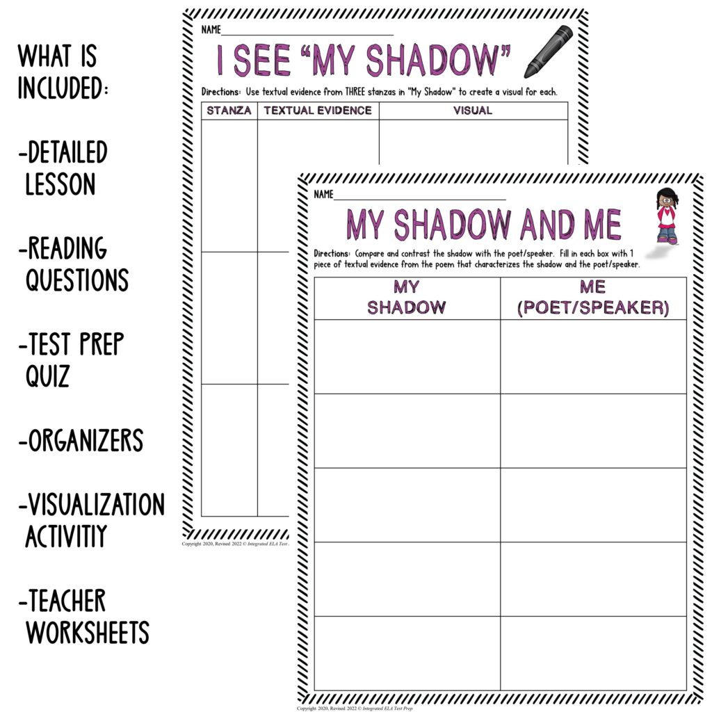 Poetry Activities Questions Worksheets My Shadow Stevenson 3rd 4th ...