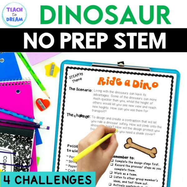 Dinosaur STEM Task Cards | 4 STEAM Challenges NO PREP | Made By Teachers