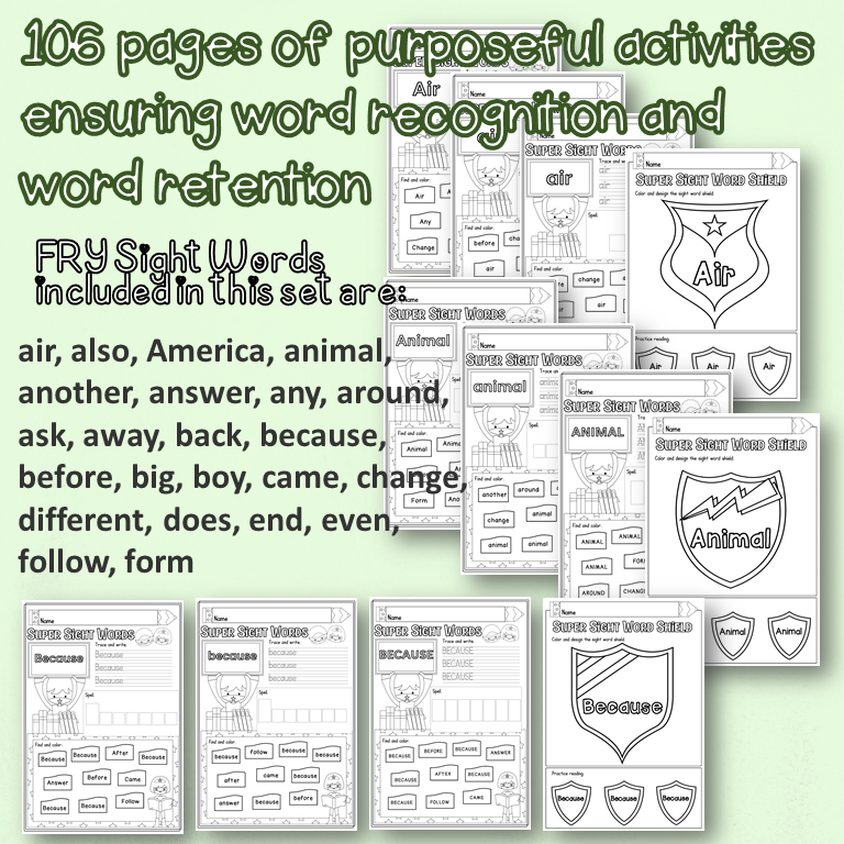 Pre-Kinder / Kinder FRY Sight Words No-Prep Worksheets and Flashcards ...