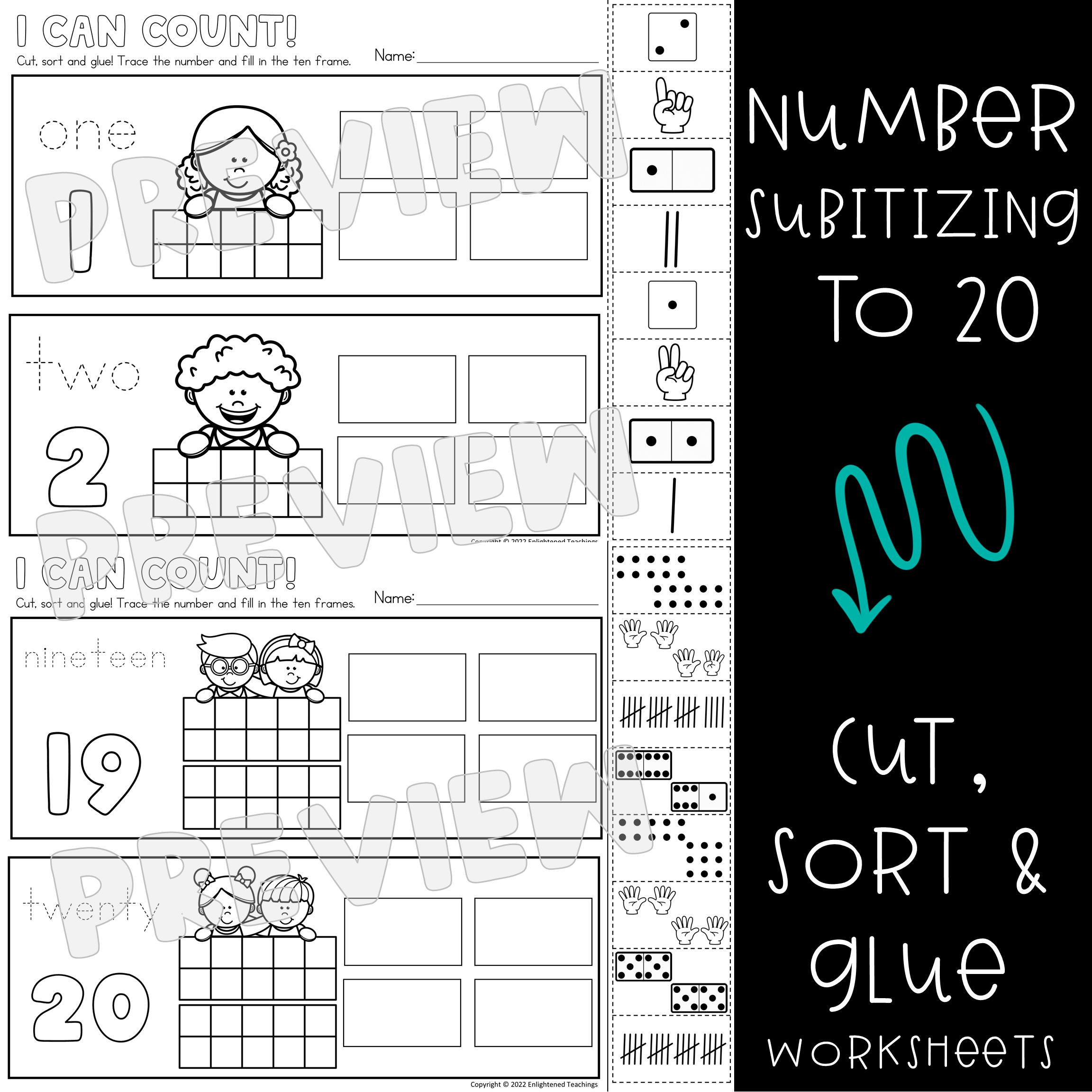 Number Subitizing Worksheets Cut Sort Glue Number Sense Sorting to 20 ...