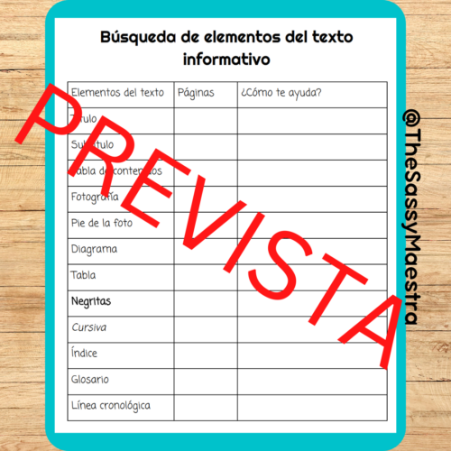 Spanish Non-fiction Scavenger Hunt (Búsqueda de elementos del texto ...