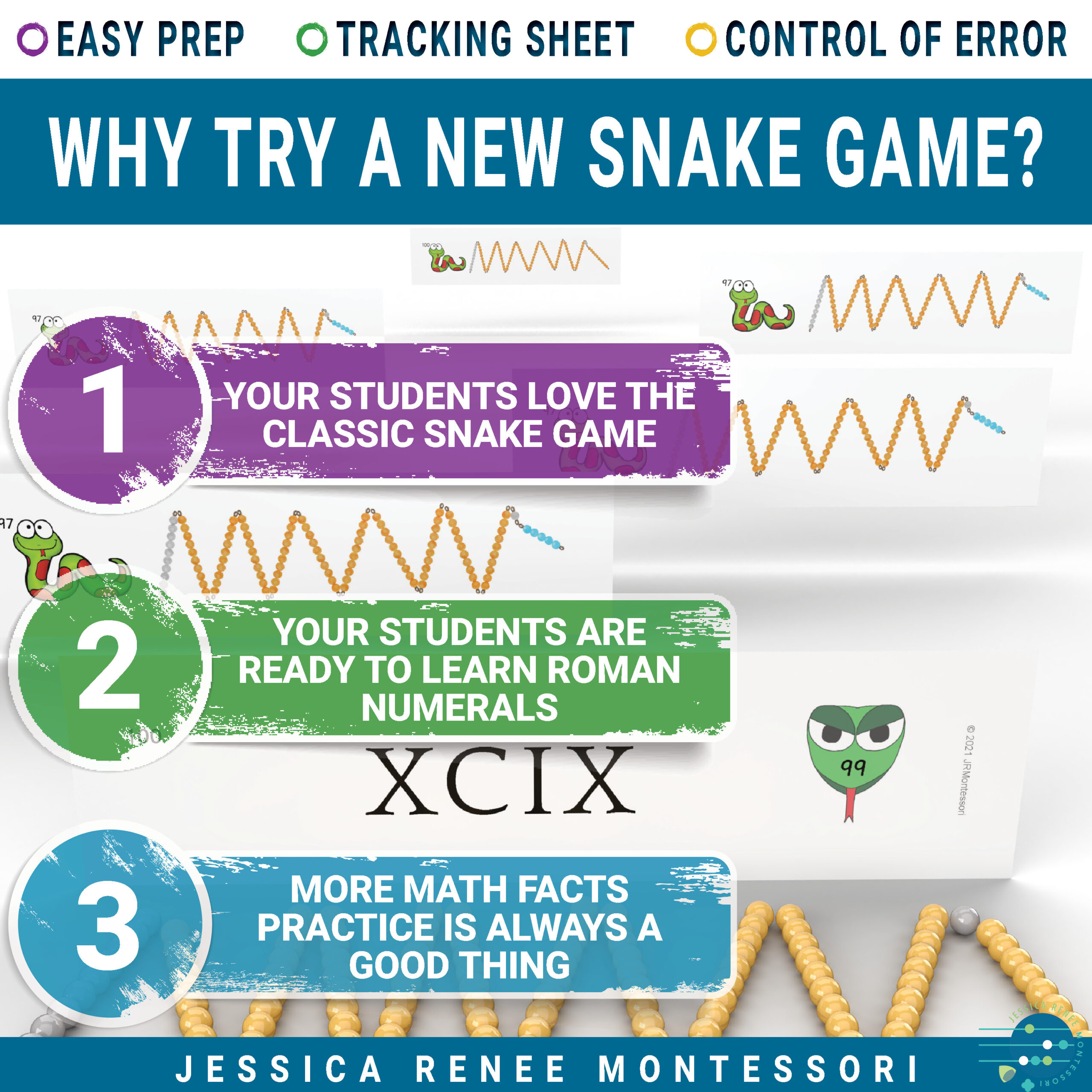 Montessori Snake Game: Roman Numerals 1-100, Addition & Subtraction ...