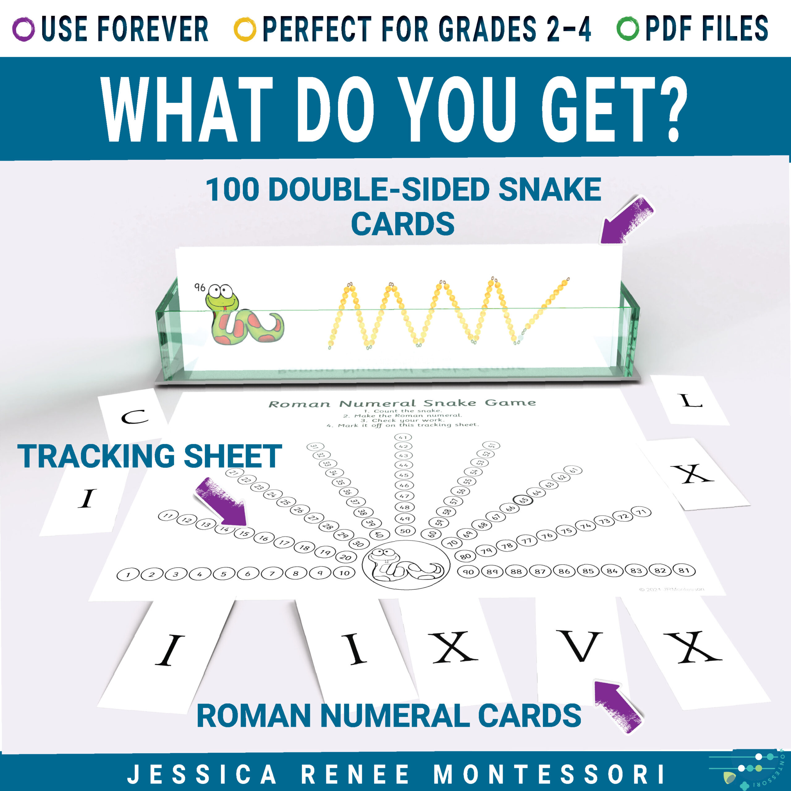 Montessori Snake Game: Roman Numerals 1-100, Addition & Subtraction ...