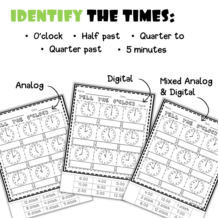 Telling time to the hour, half hour, quarter hour and 5 minutes ...