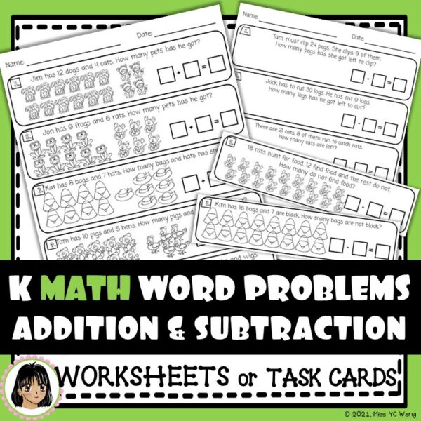 K, 1st and 2nd Grade One Step Addition and Subtraction Word Problems ...