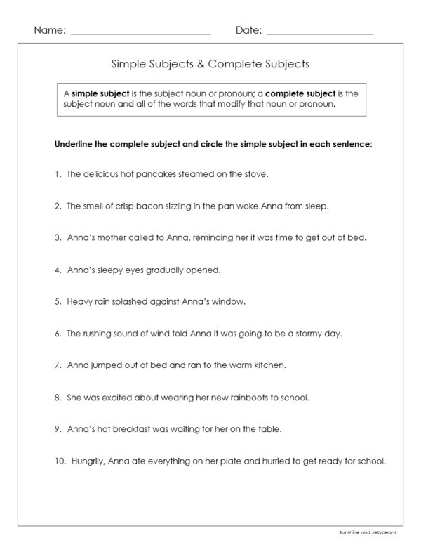 Simple / Complete Sentences - Subjects and Predicates Grades 4-5-6 ...