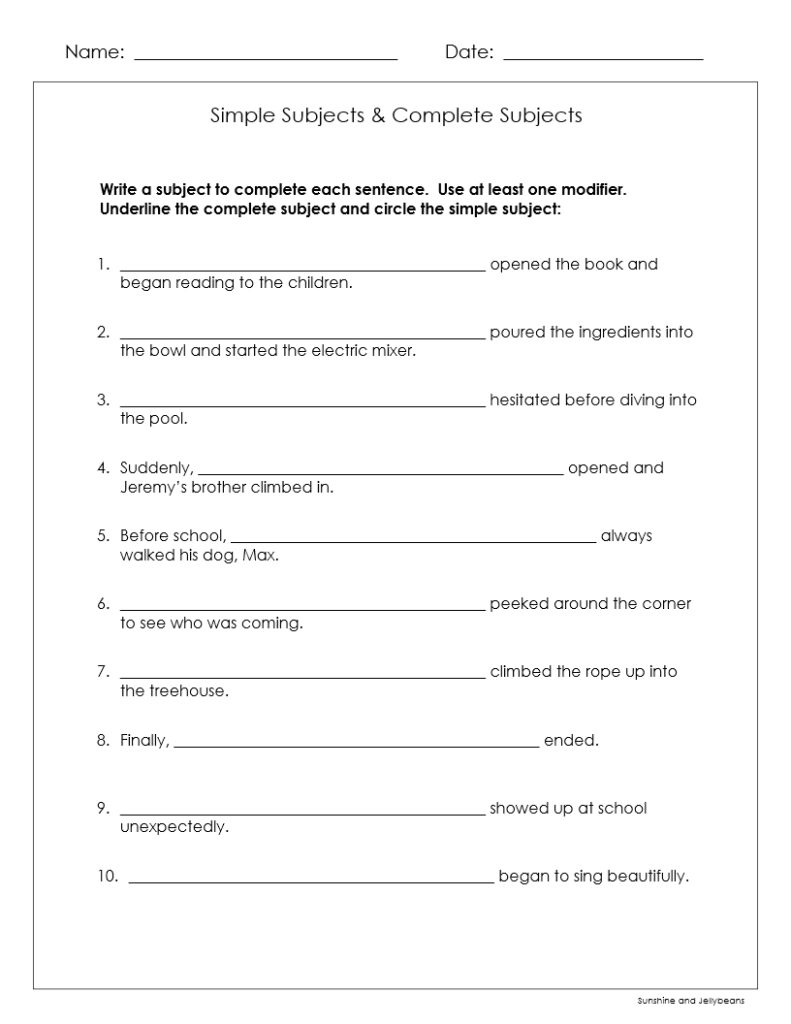 Simple / Complete Sentences - Subjects and Predicates Grades 4-5-6 ...