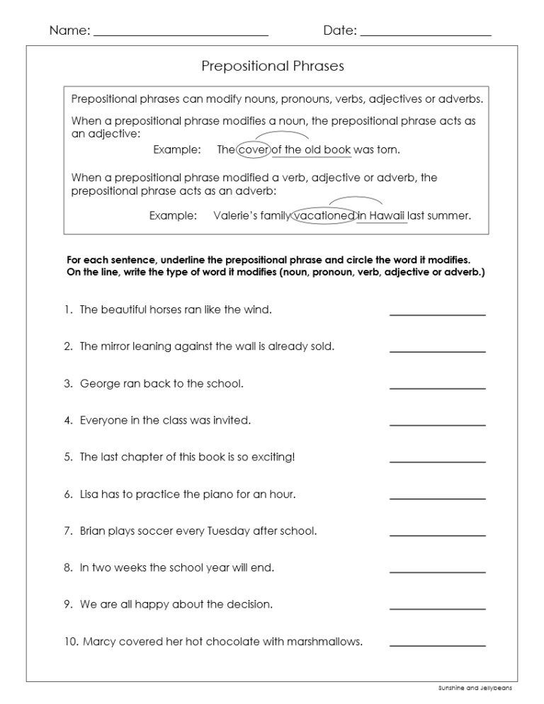 Prepositions / Prepositional Phrases - 6 worksheets - Grades 4-5-6 ...