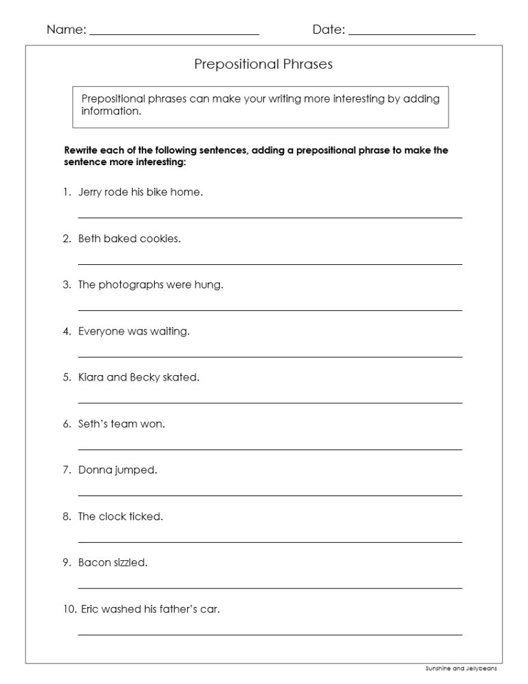 Prepositions / Prepositional Phrases - 6 worksheets - Grades 4-5-6 ...