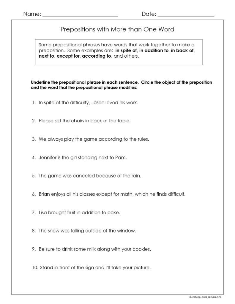 Prepositions / Prepositional Phrases - 6 worksheets - Grades 4-5-6 ...