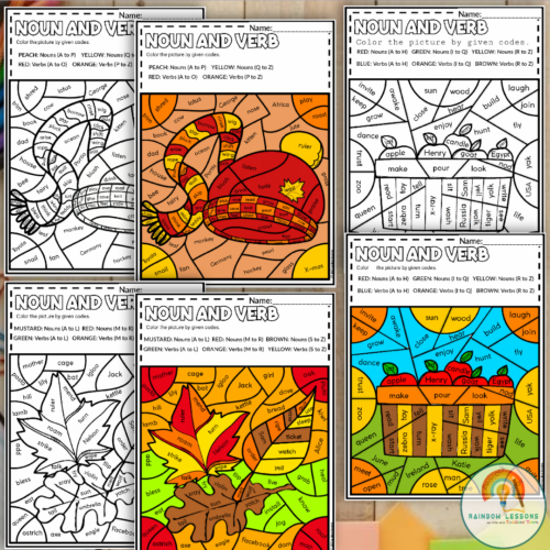 Noun and Verbs Worksheets | Fall Color by Word | Noun and Verbs ...