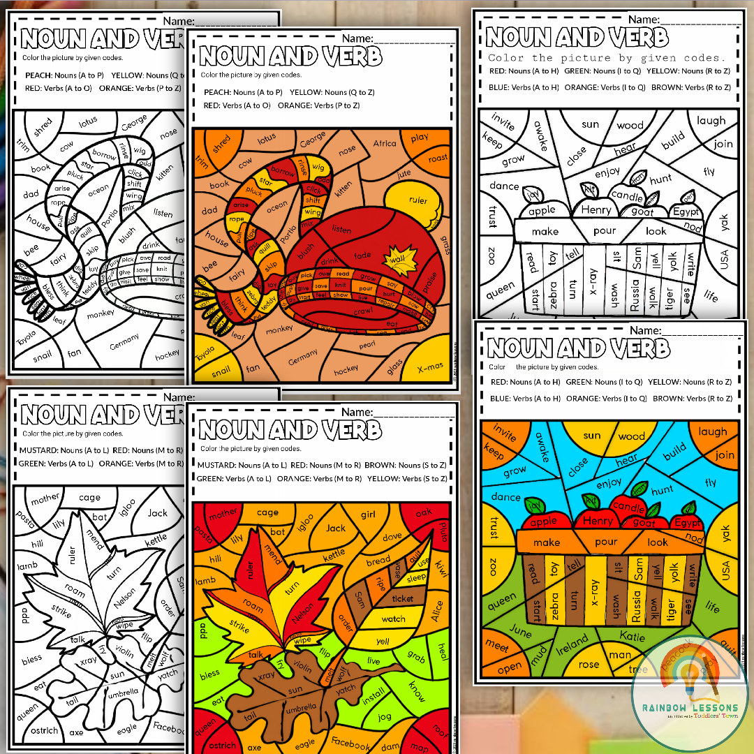 Noun and Verbs Worksheets | Fall Color by Word | Noun and Verbs ...