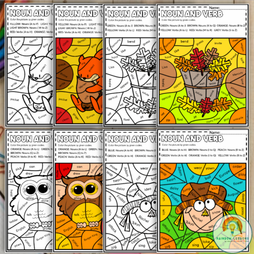Noun and Verbs Worksheets | Fall Color by Word | Noun and Verbs ...