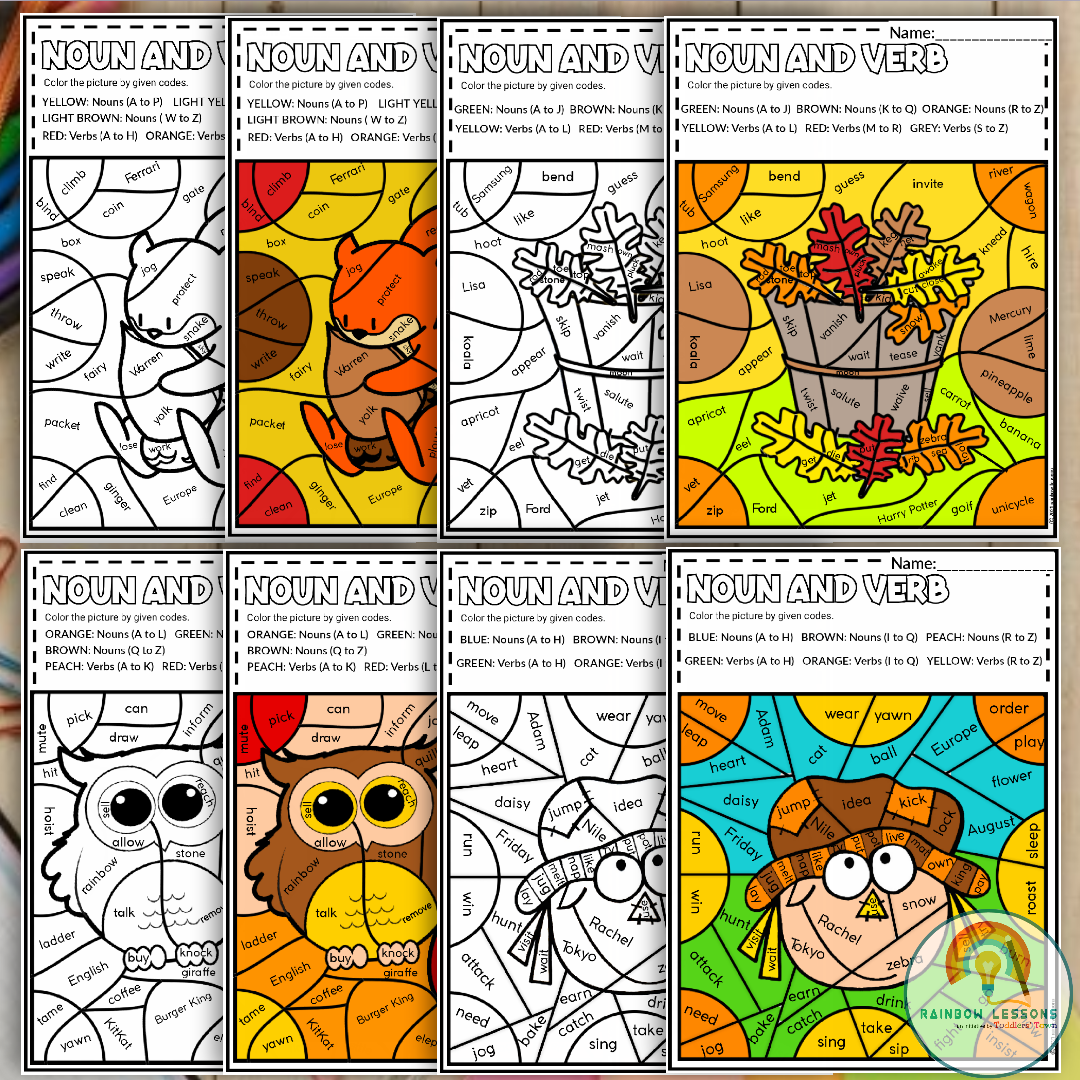 Noun and Verbs Worksheets | Fall Color by Word | Noun and Verbs ...