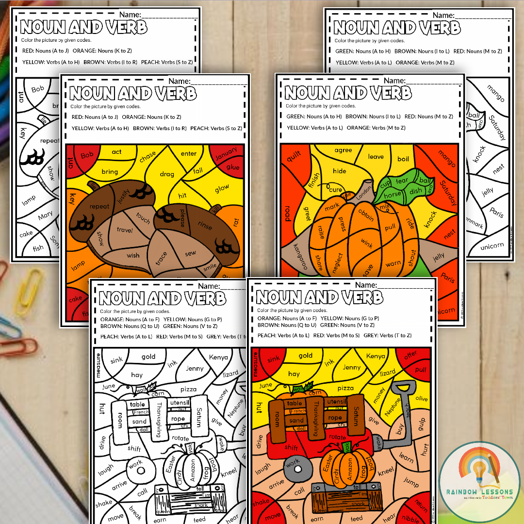 Noun and Verbs Worksheets | Fall Color by Word | Noun and Verbs ...